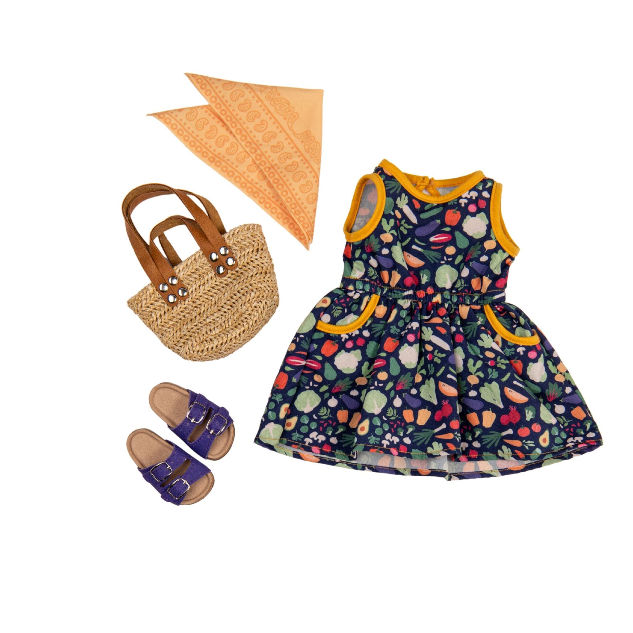 Veggie Vogue: Sundress, Bandana, Straw Bag & Shoes for 18-inch Doll ...